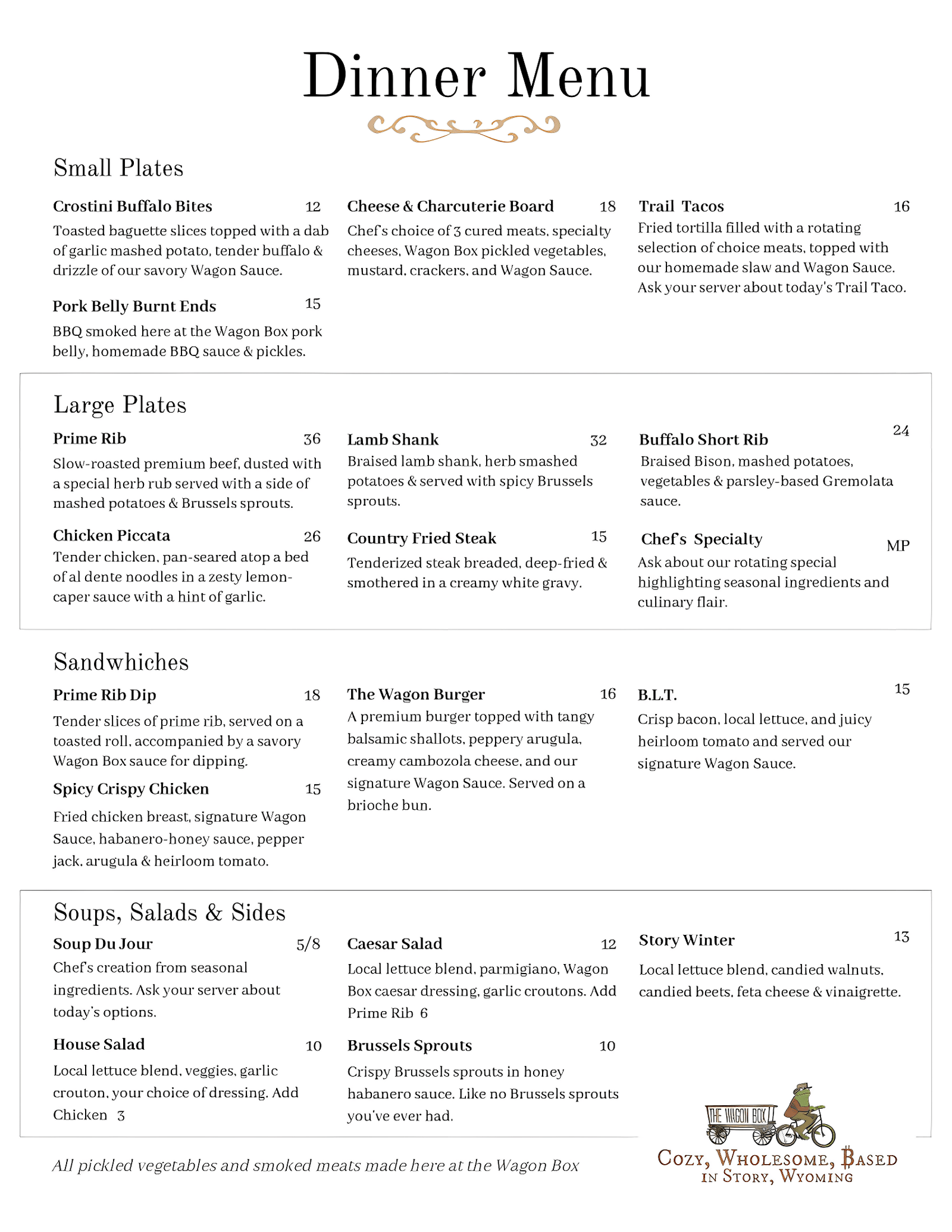 Menus at the Wagon Box Restaurant