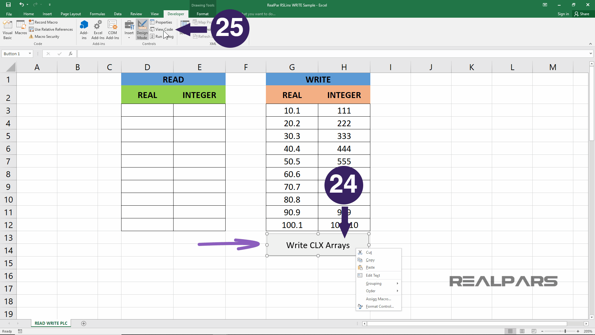 How to Configure Excel WRITE Communication to PLC (VBA) - RealPars