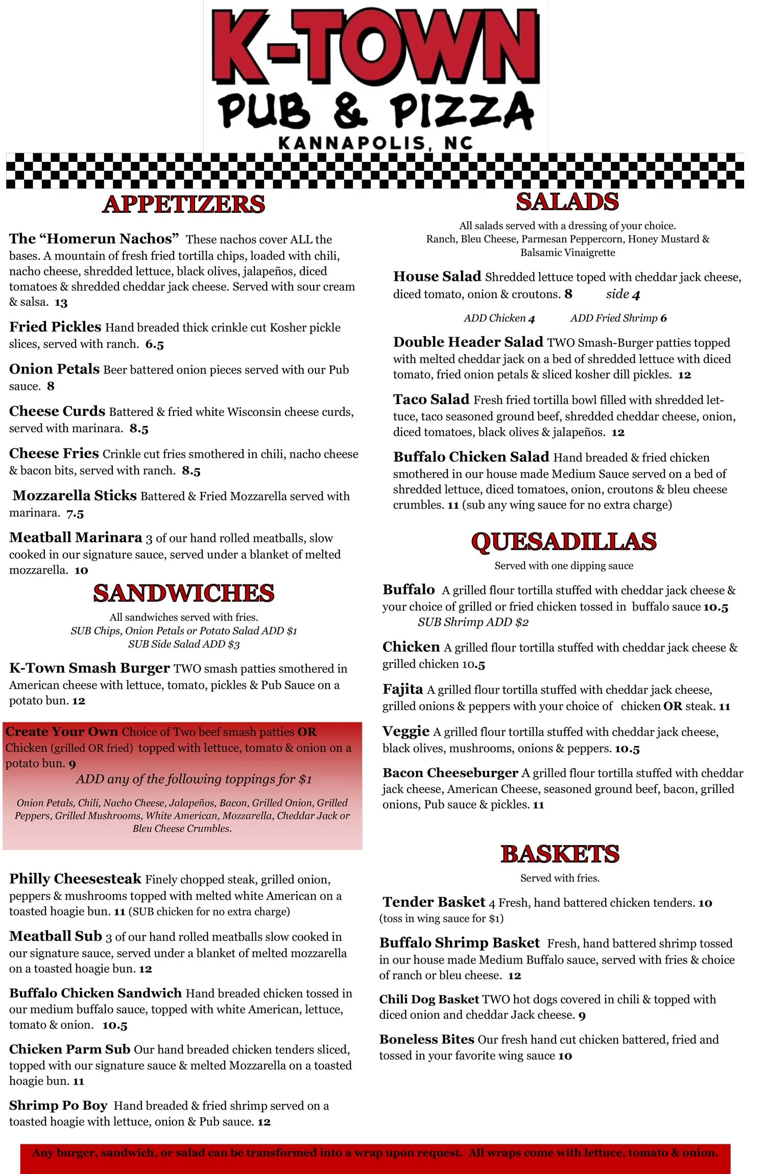 K-Town Pub & Pizza | Our Menu | Going beyond the ordinary