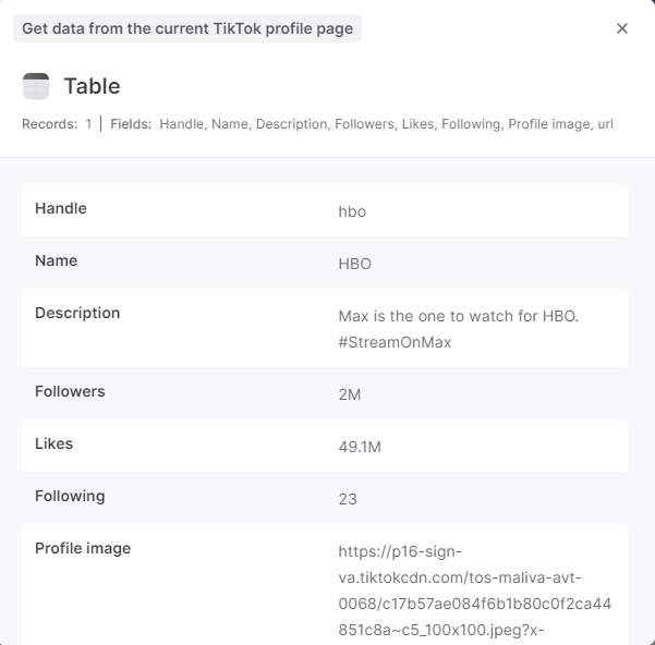 Get data from the current TikTok profile page