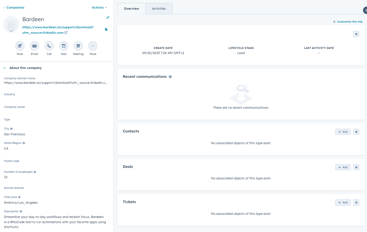 Sync LinkedIn Profiles to HubSpot CRM Automatically | Bardeen